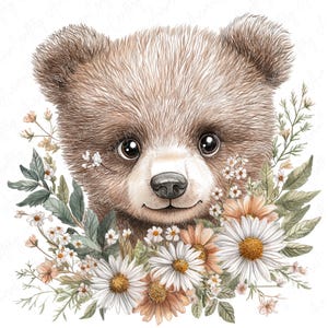 6 Watercolor Floral Bear Clipart, Cute Bear With Flower Wreaths ...