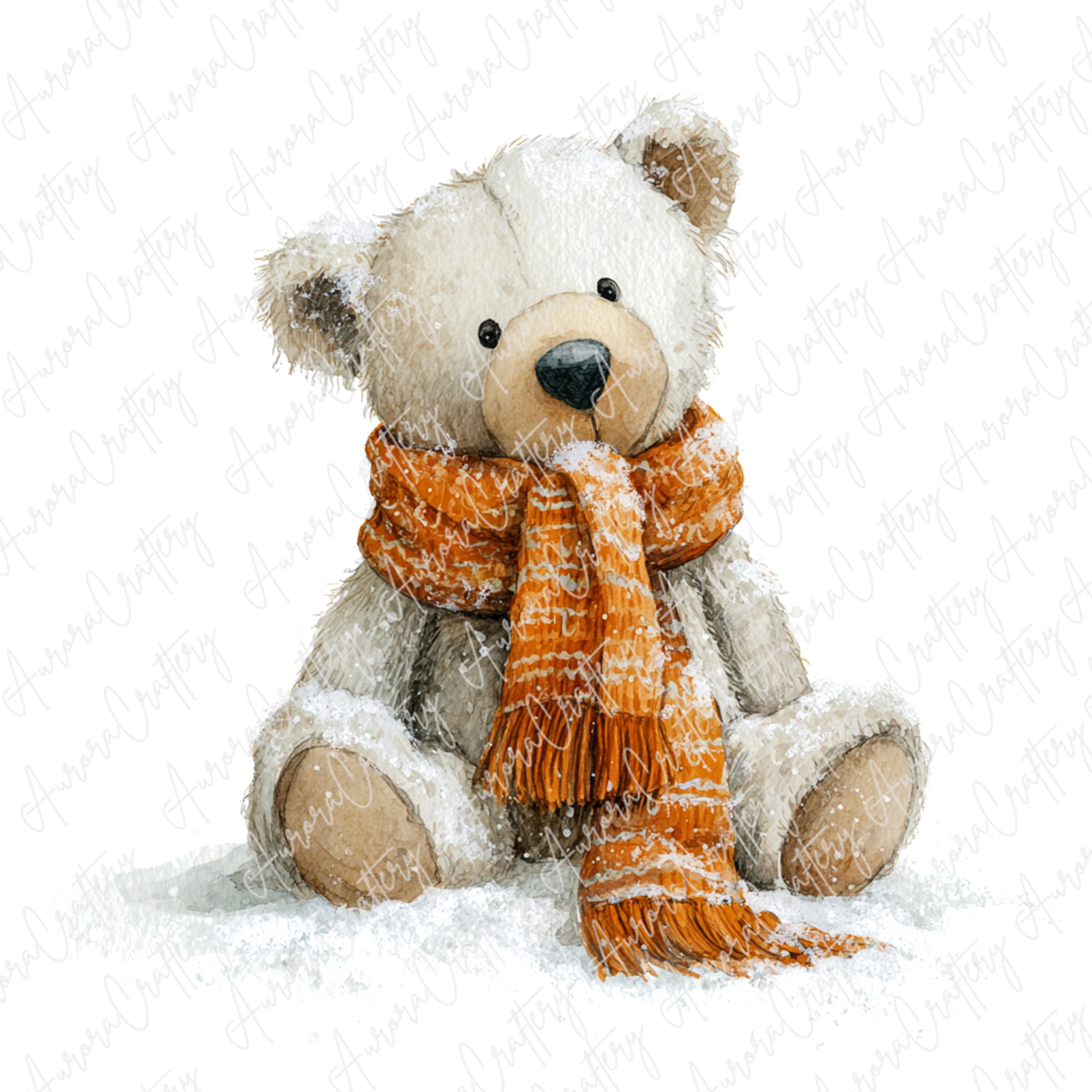 3 Watercolor Winter Teddy Bear Clipart, Cozy Bear in Scarf, Cute Animal ...