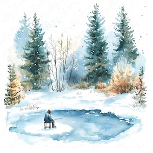 8 Watercolor Ice Fishing Clipart, Winter Landscape Clipart, Fisherman ...