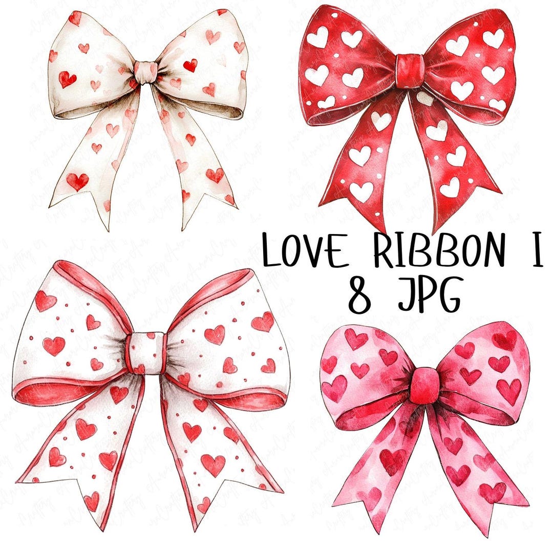 8 Watercolor Valentine Bow Clipart, Romantic Ribbon Clipart, Festive ...