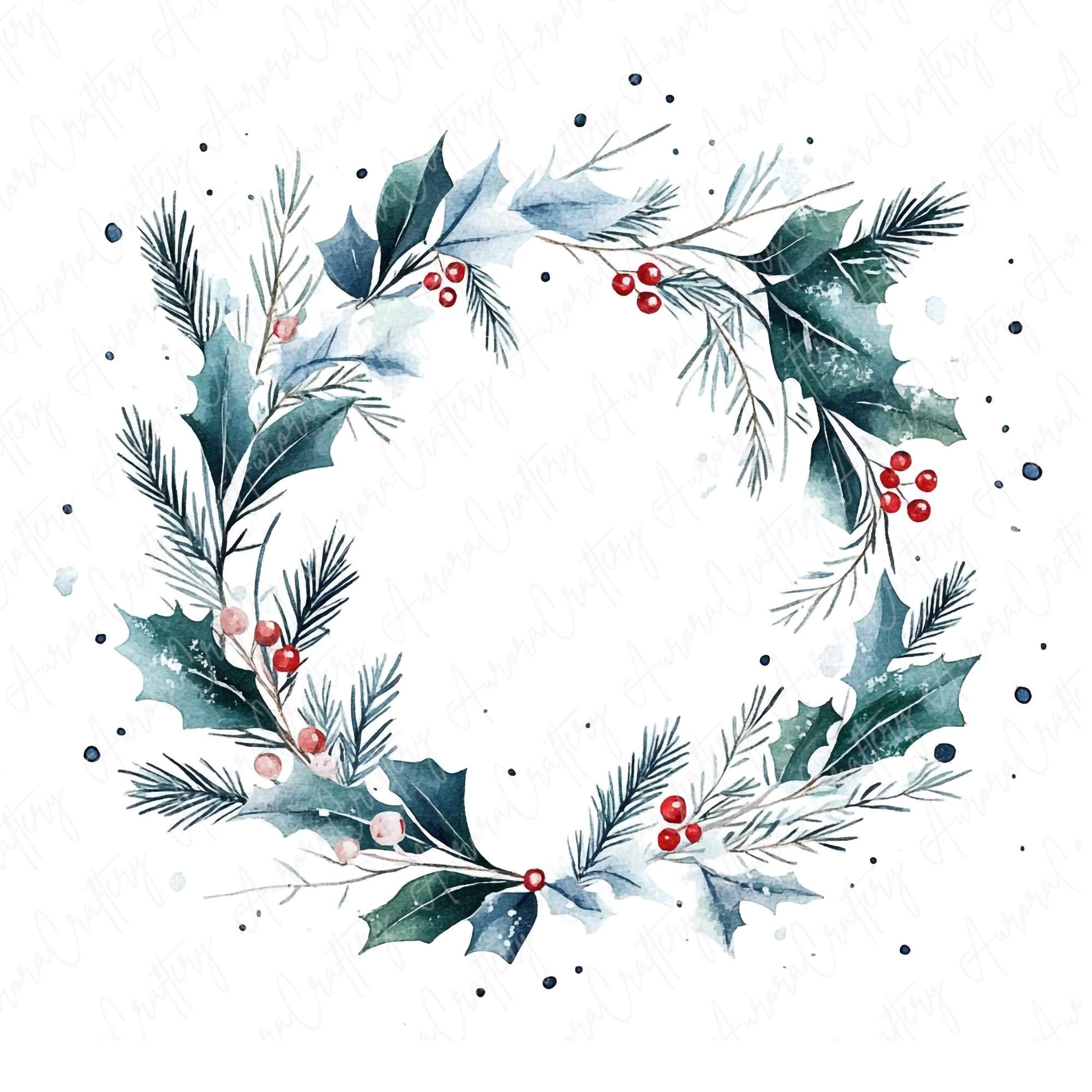 9 Watercolor Winter Wreath Clipart, Festive Evergreen Wreath Clipart ...