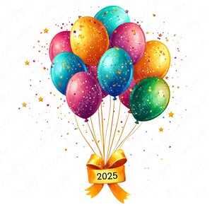 6 Watercolor New Year 2025 Balloon Clipart, Festive Balloon Bouquet ...
