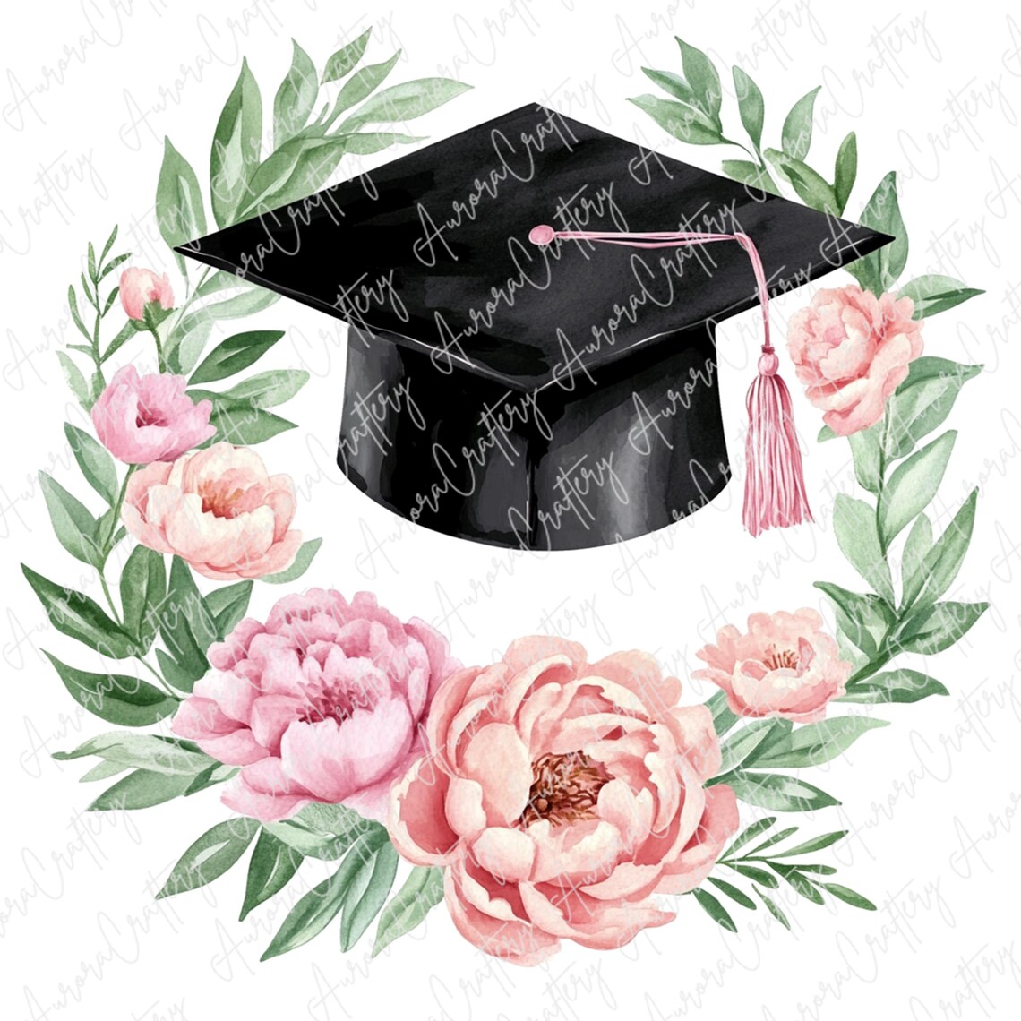6 Graduation Cap With Pink Flower Clipart, Floral Grad Hats With Roses ...