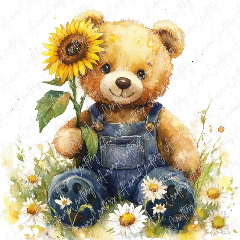 5 Watercolor Summer Teddy Bear Clipart, Cute Bears With Flowers, Cute ...