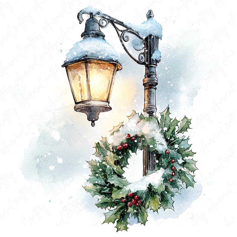 8 Watercolor Festive Street Lamp Clipart, Winter Glowing Lanterns ...