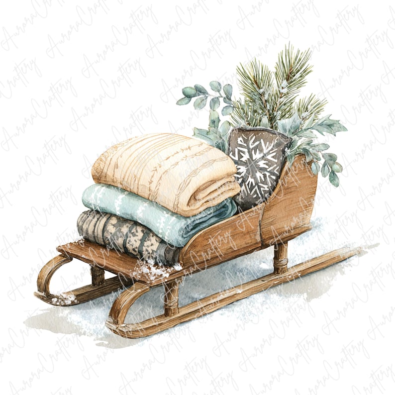 5 Watercolor Cozy Winter Sled Clipart, Wooden Sled With Blankets ...