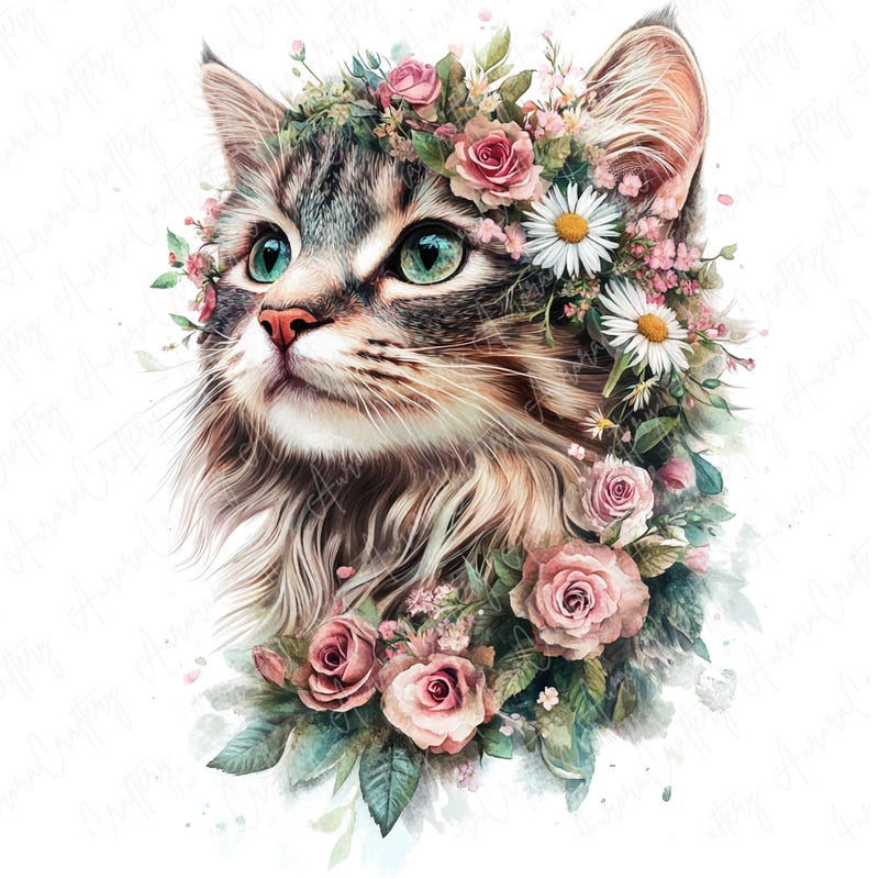 Watercolor Cat Flower - Etsy