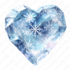6 Watercolor Ice Heart Clipart, Frozen Crystal Heart With Snowflakes ...
