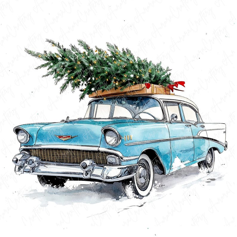 10 Festive Car Clipart, Vintage Cars With Winter Trees, Festive Tree ...
