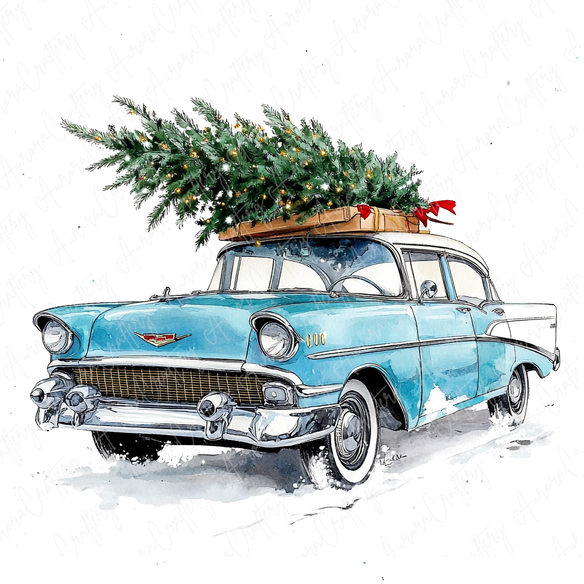 10 Festive Car Clipart, Vintage Cars With Winter Trees, Festive Tree ...