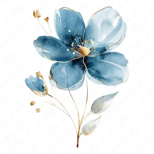 13 Abstract Blue Watercolor Floral Clipart Bundle, Soft Blue & Gold ...