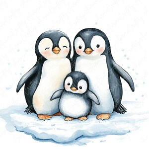 8 Watercolor Winter Penguin Clipart, Festive Penguin Family, Festive ...