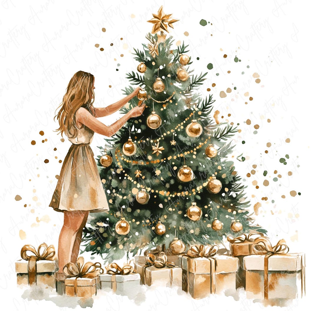7 Festive Winter Tree Clipart, Winter Tree Decorating Girl, Festive ...