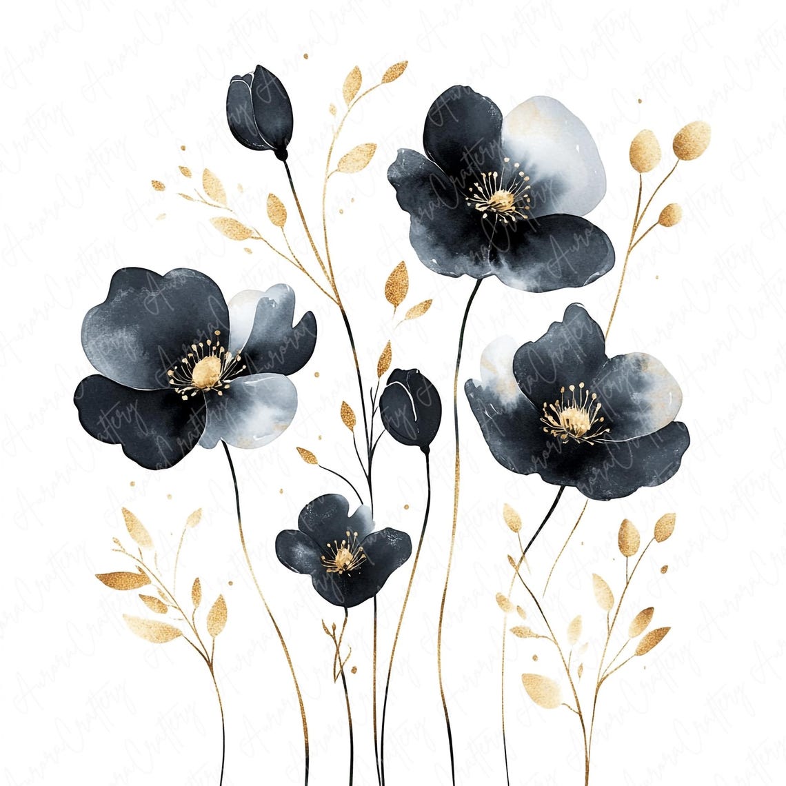 9 Black and Gold Floral Clipart, Watercolor Flower Clipart, High ...