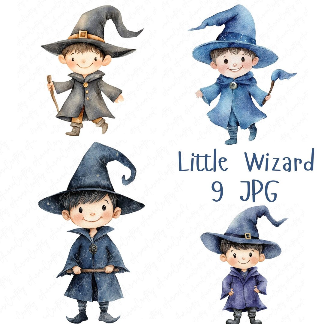 9 Watercolor Spooky Cute Boy Wizard Clipart, Adorable Witch Boys Wizard ...