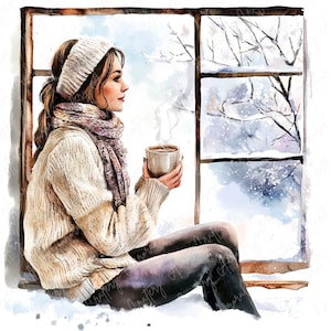 7 Watercolor Winter Window Scene Clipart, Girl by Windows With Winter ...