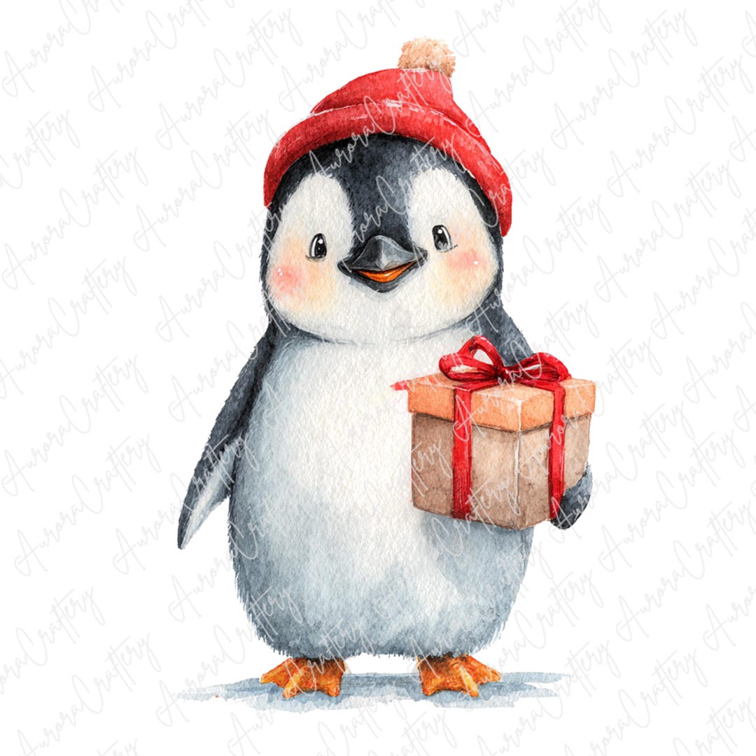 4 Watercolor Penguin Clipart, Cute Penguins With Red Hats and Gift ...