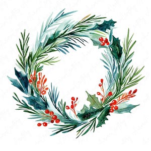 9 Watercolor Winter Wreath Clipart, Festive Evergreen Wreath Clipart ...
