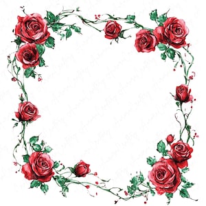 12 Watercolor Rose Frame Clipart, Valentine's Red Roses Square Frames ...