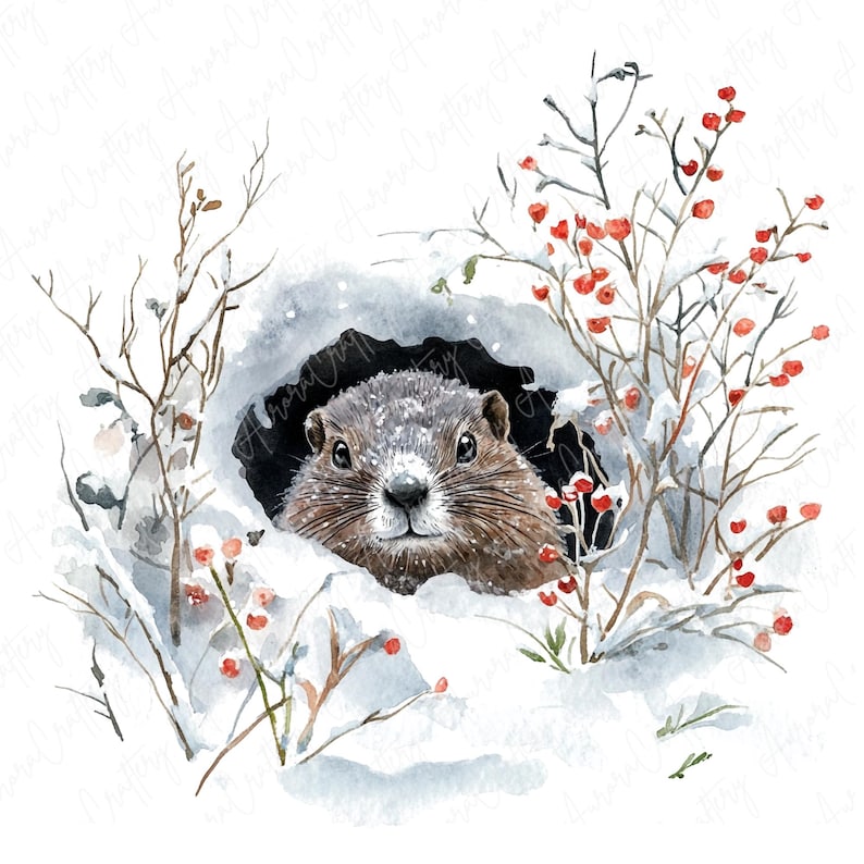 8 Watercolor Festive Groundhog Clipart, Winter Woodland Animal Clipart ...