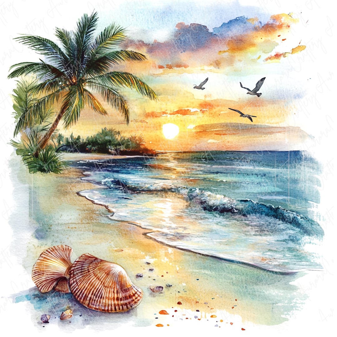 18 Watercolor Beach Sunset Clipart Tropical Scenes Palm Trees Ocean