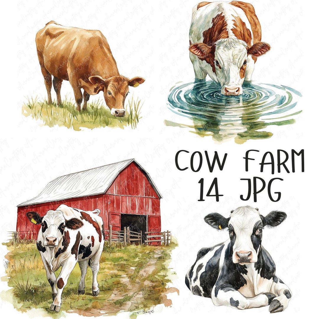 14 Cow Farm Clipart, Watercolor Cows, Watercolor Farm Animals Clipart ...