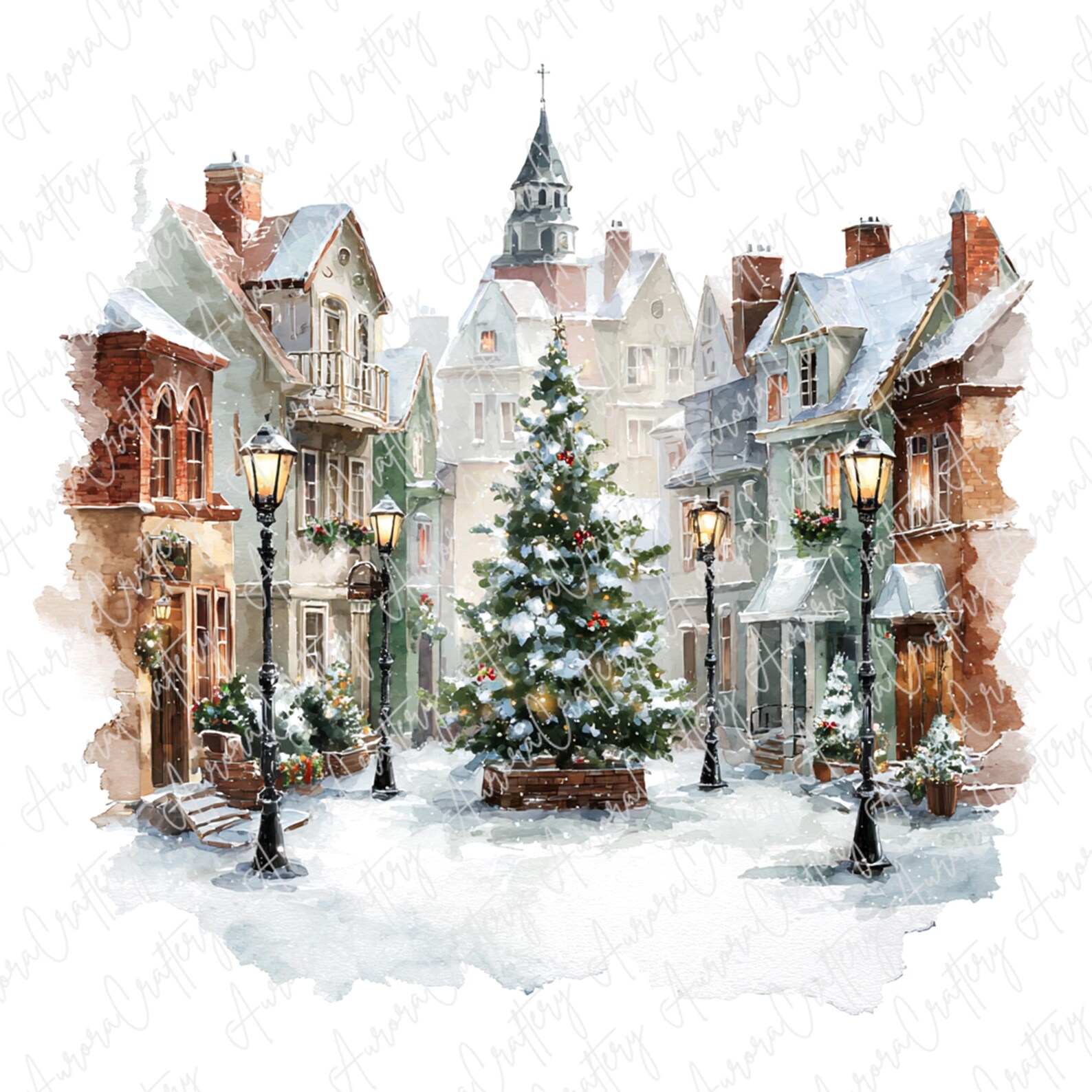 9 Watercolor Winter Village Scene Clipart, Snowy Town Square With Tree ...
