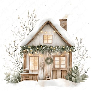 5 Watercolor Rustic Winter Cabin Clipart, Snowy Woodland Clipart, Cozy ...