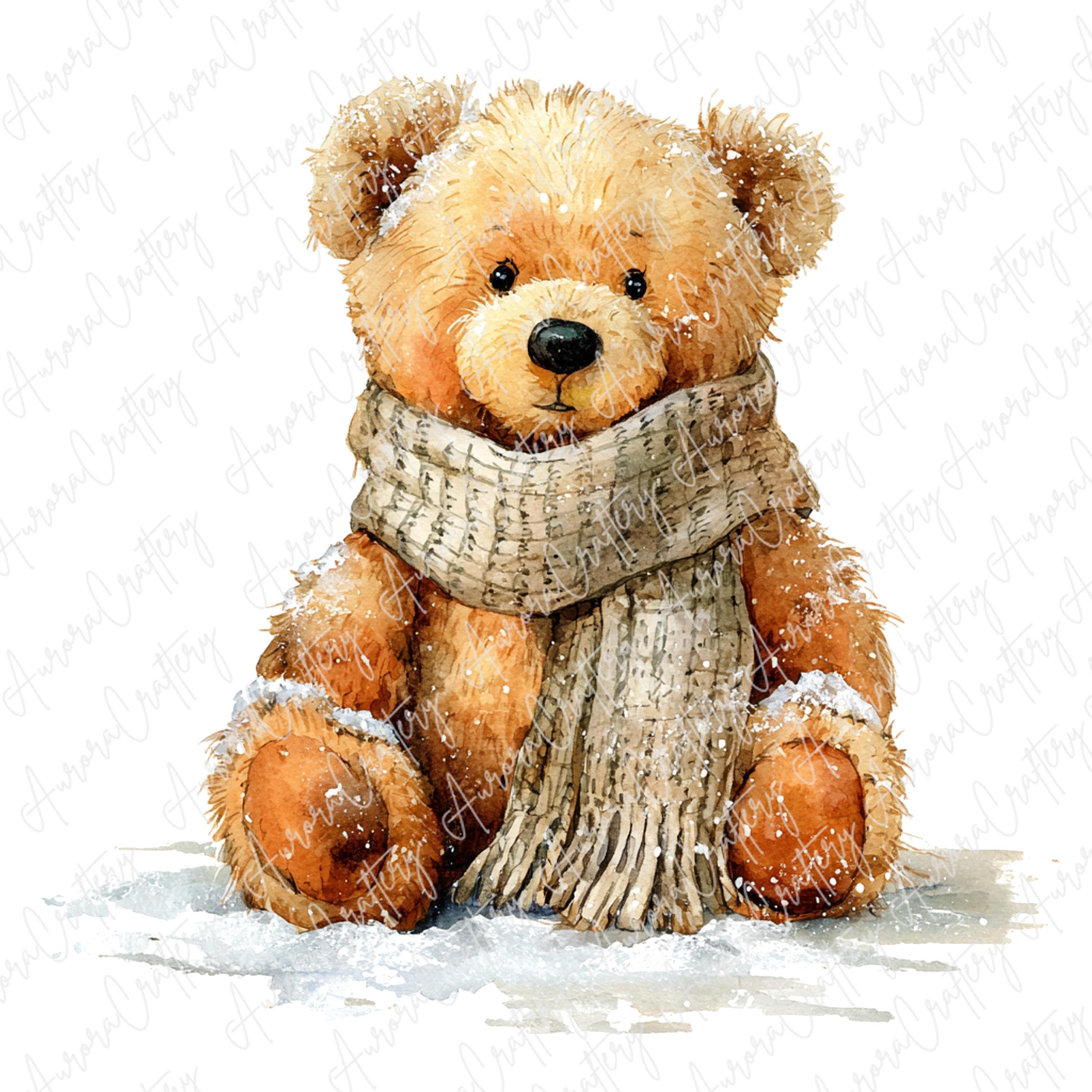 3 Watercolor Winter Teddy Bear Clipart, Cozy Bear in Scarf, Cute Animal ...