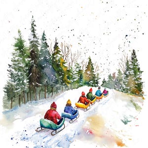 8 Watercolor Winter Sledding Clipart, Festive Snow Clipart, Winter ...