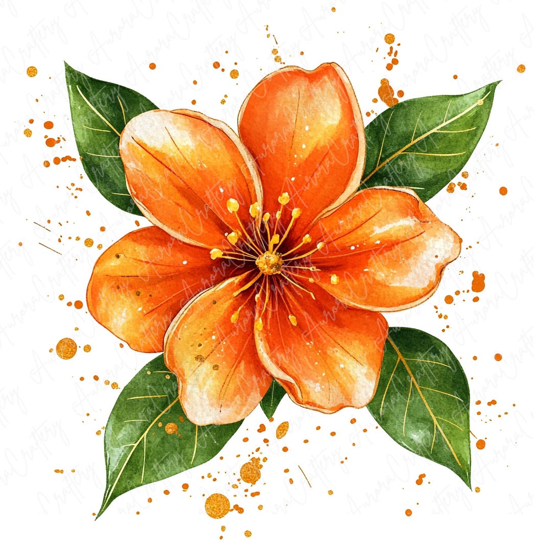8 Orange Watercolor Floral Clipart, Vibrant Wildflowers With Green ...