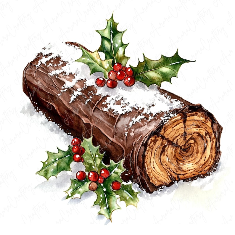 6 Watercolor Log Cake Clipart, Chocolate and Festive Clipart, Holiday ...