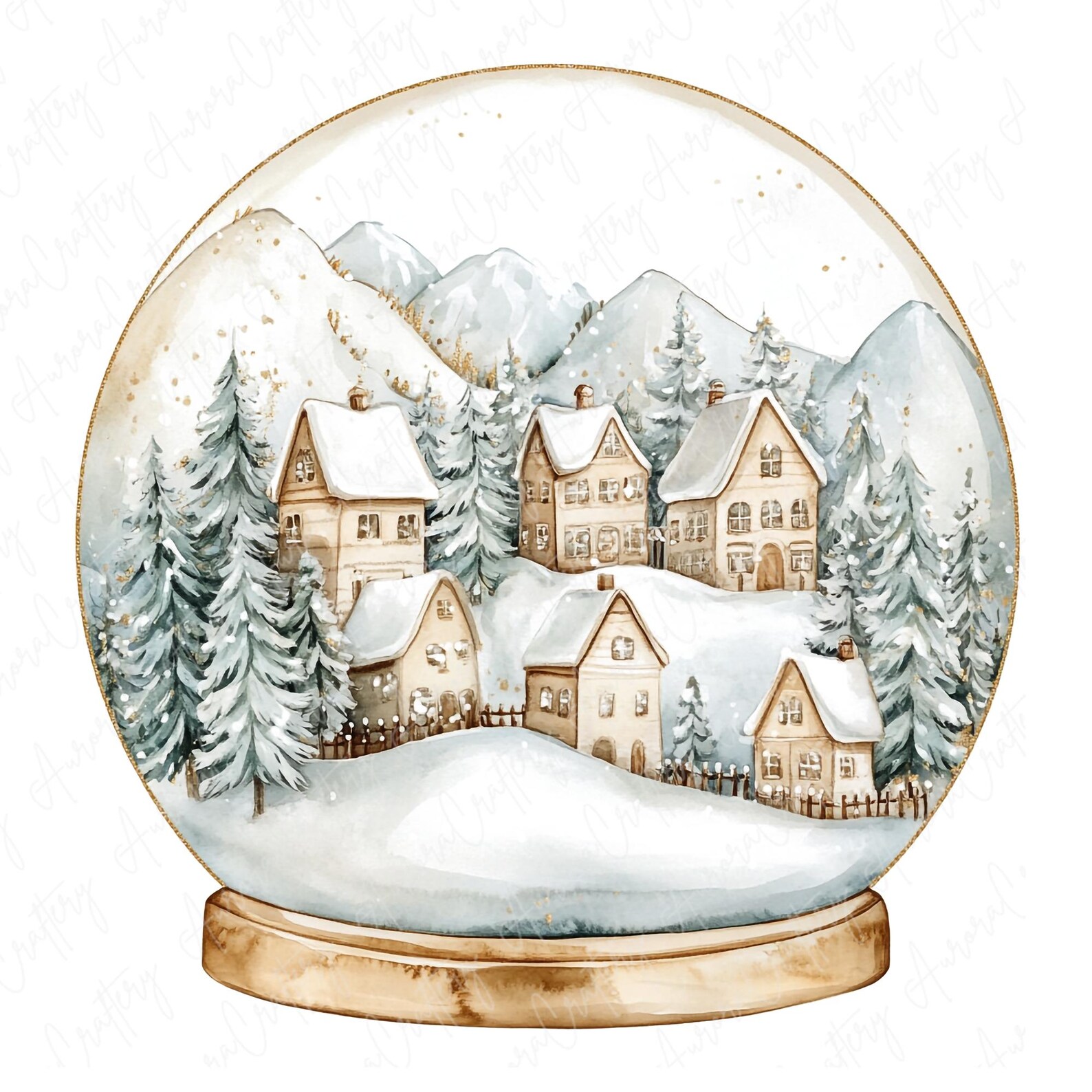 7 Watercolor Winter Snow Globe Clipart, Festive Winter Village Clipart ...