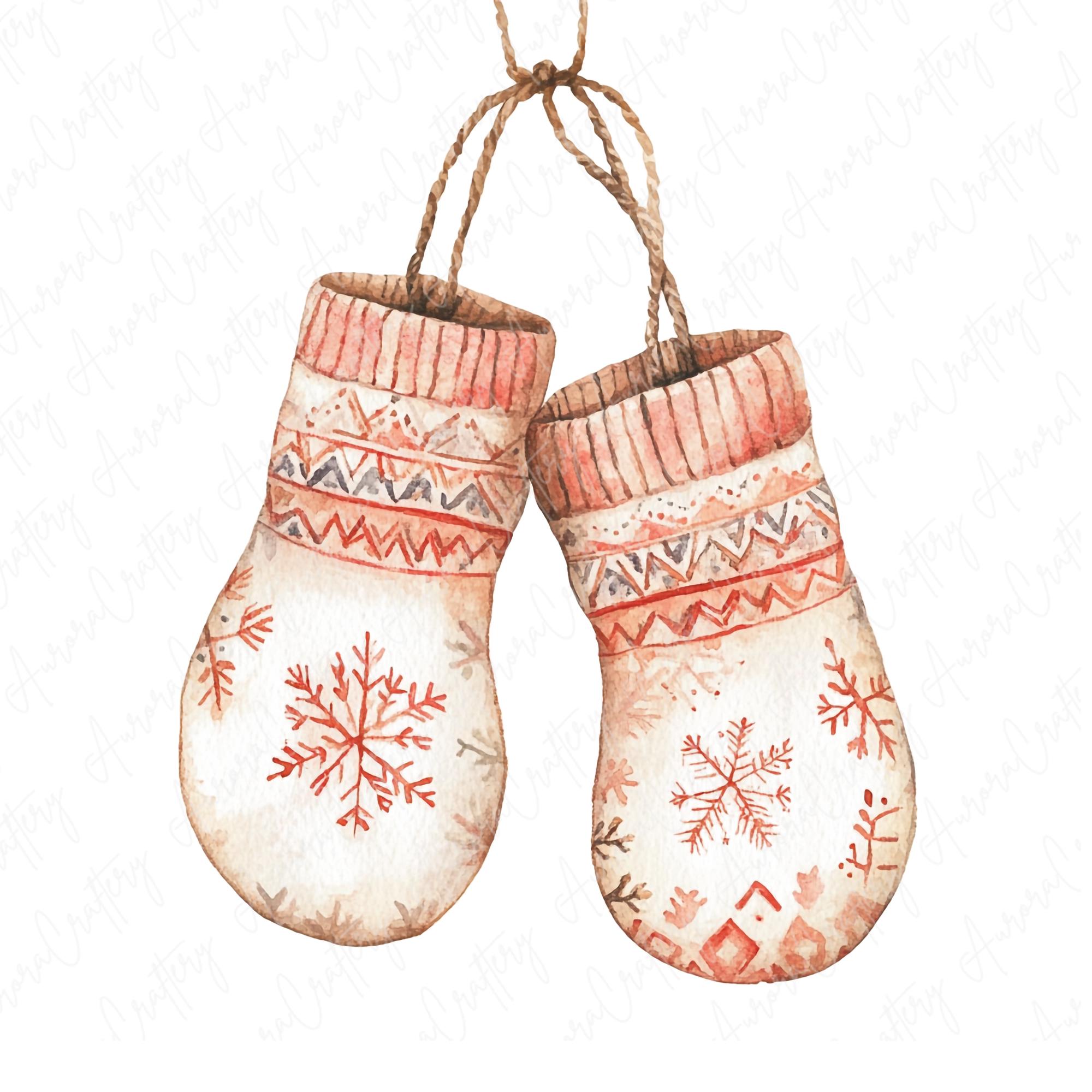 10 Winter Knitted Mitten Clipart, Festive Snowflake Mittens With Rustic ...