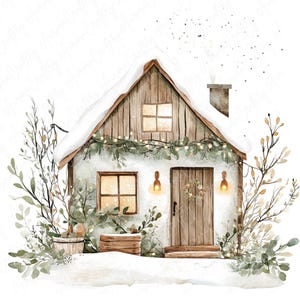 5 Watercolor Rustic Winter Cabin Clipart, Snowy Woodland Clipart, Cozy ...