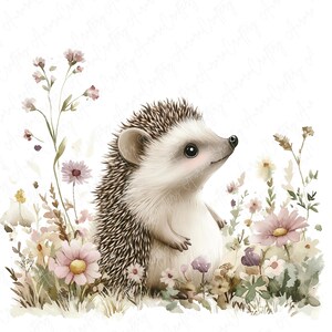 10 Watercolor Hedgehog Clipart, Woodland Hedgehog Family Flowers, Cute ...