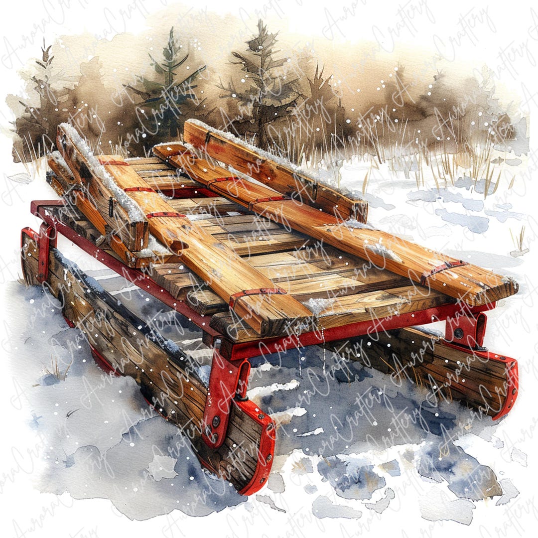 6 Watercolor Wooden Sled Clipart, Rustic Vintage Snow Sleigh in Forest ...