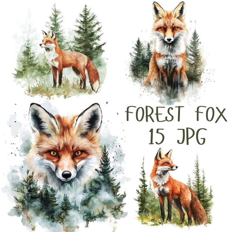15 Watercolor Fox in Forest Clipart, Forest Fox Clipart, Majestic Fox ...