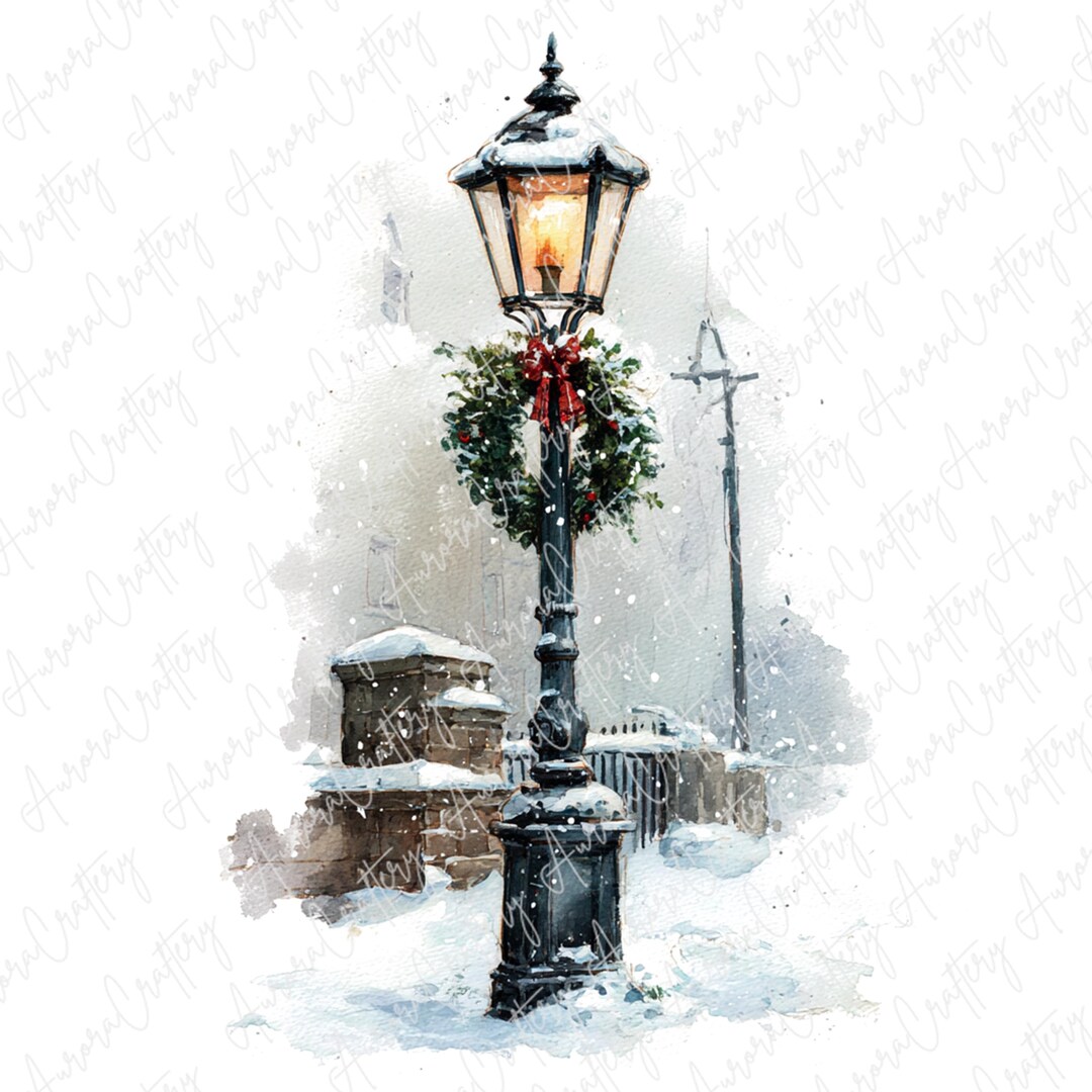 4 Watercolor Winter Street Lamp Clipart, Snowy Lamppost With Wreath ...