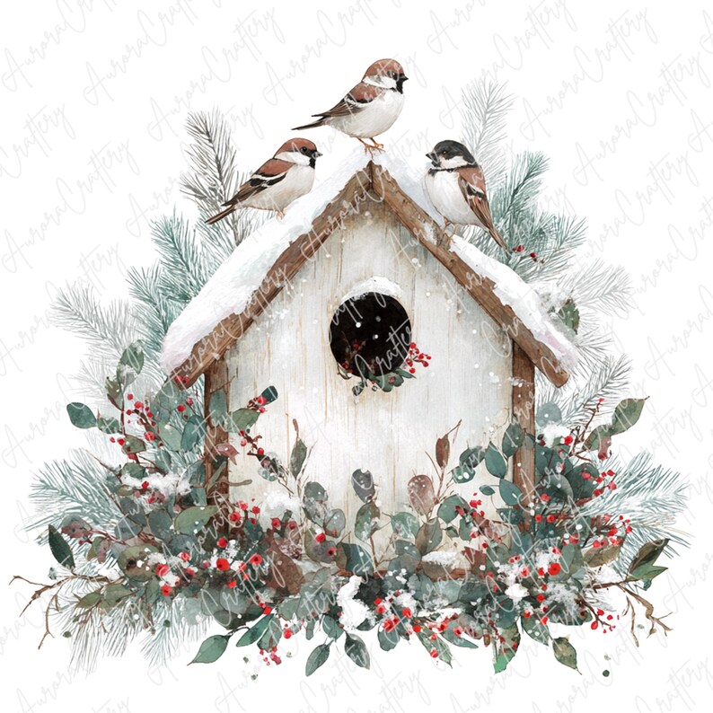 5 Watercolor Birdhouse Clipart, Winter Birds With Pine Branches and ...