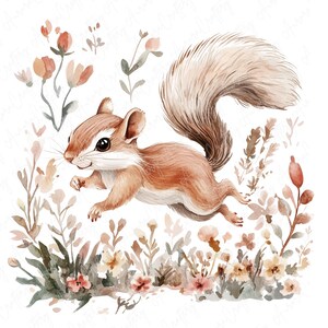 10 Watercolor Chipmunk Clipart, Woodland Chipmunk With Flowers, Forest ...