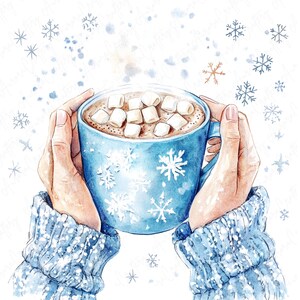 7 Watercolor Winter Marshmallow Cocoa Mugs, Cozy Chocolate Drink ...