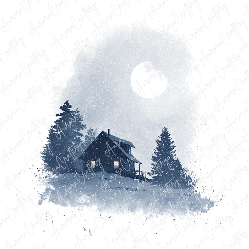 6 Watercolor Winter Cabin Clipart, Snowy Forest Night Scene With Full ...