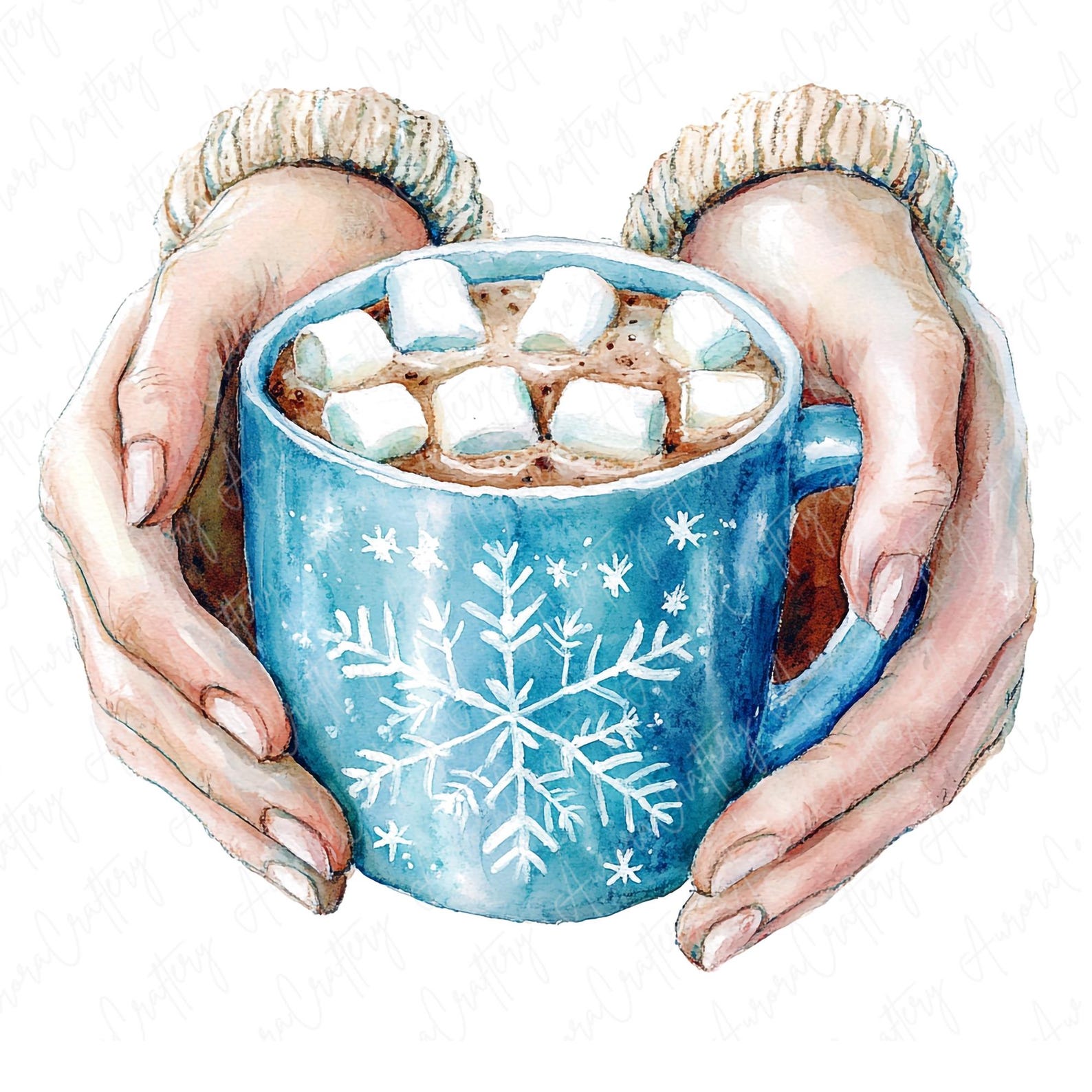 7 Watercolor Winter Marshmallow Cocoa Mugs, Cozy Chocolate Drink ...