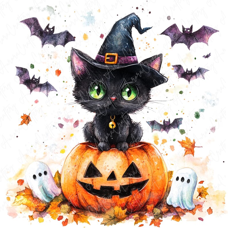 9 Black Cat in Witch Hat Clipart, Spooky Cat Clipart Cute Black Cat ...