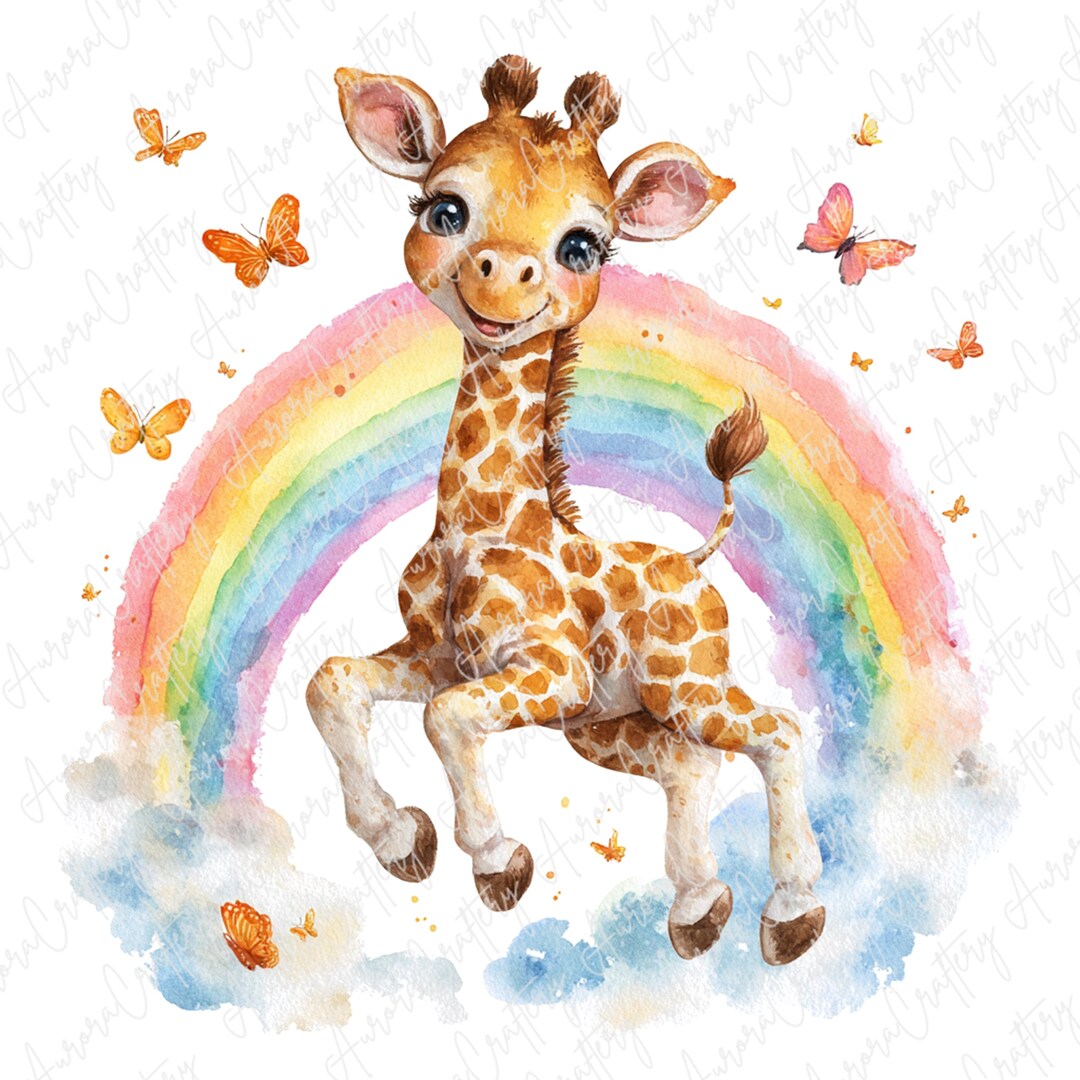 4 Watercolor Baby Giraffe Clipart, Safari Giraffe With Rainbow and ...