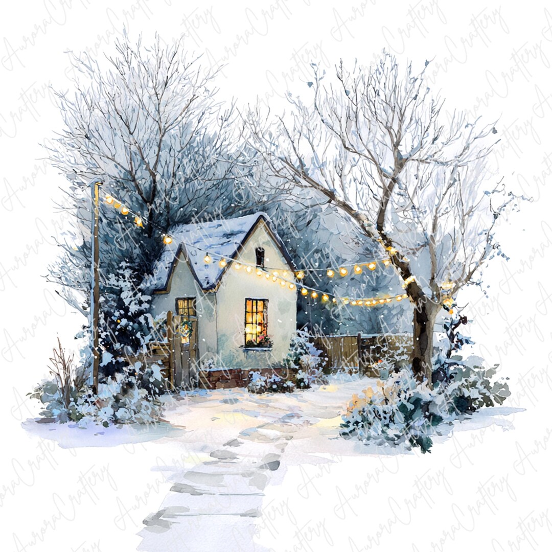 3 Watercolor Winter Cabin Clipart, Snowy Forest Landscape With Cozy ...