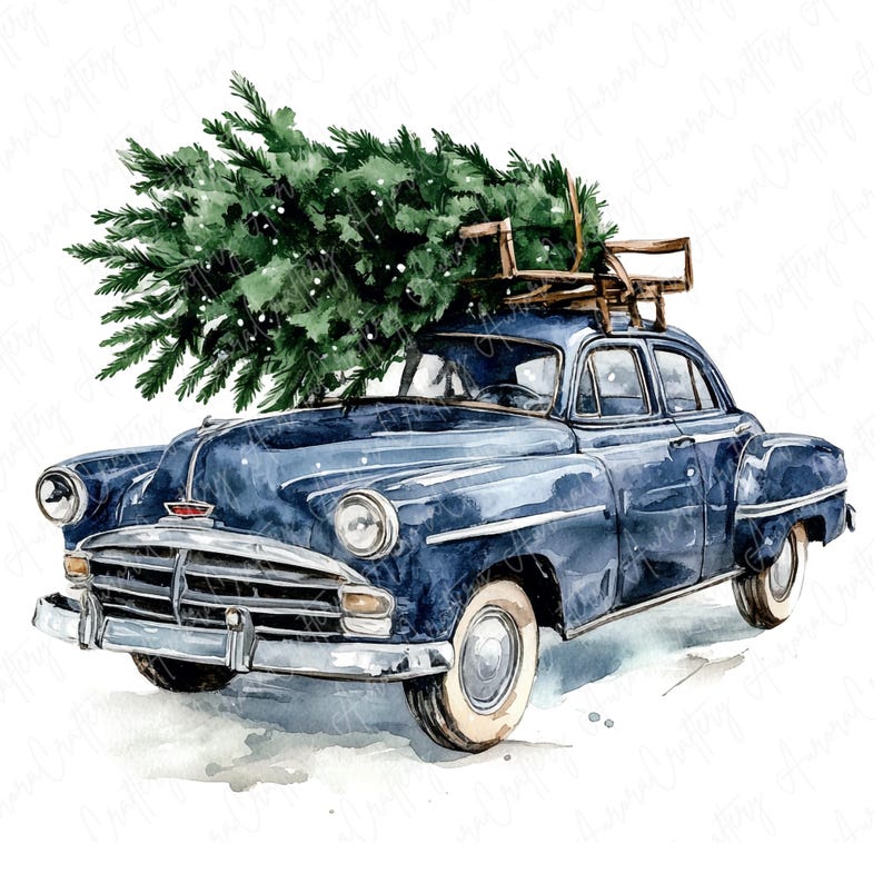 10 Festive Car Clipart, Vintage Cars With Winter Trees, Festive Tree ...