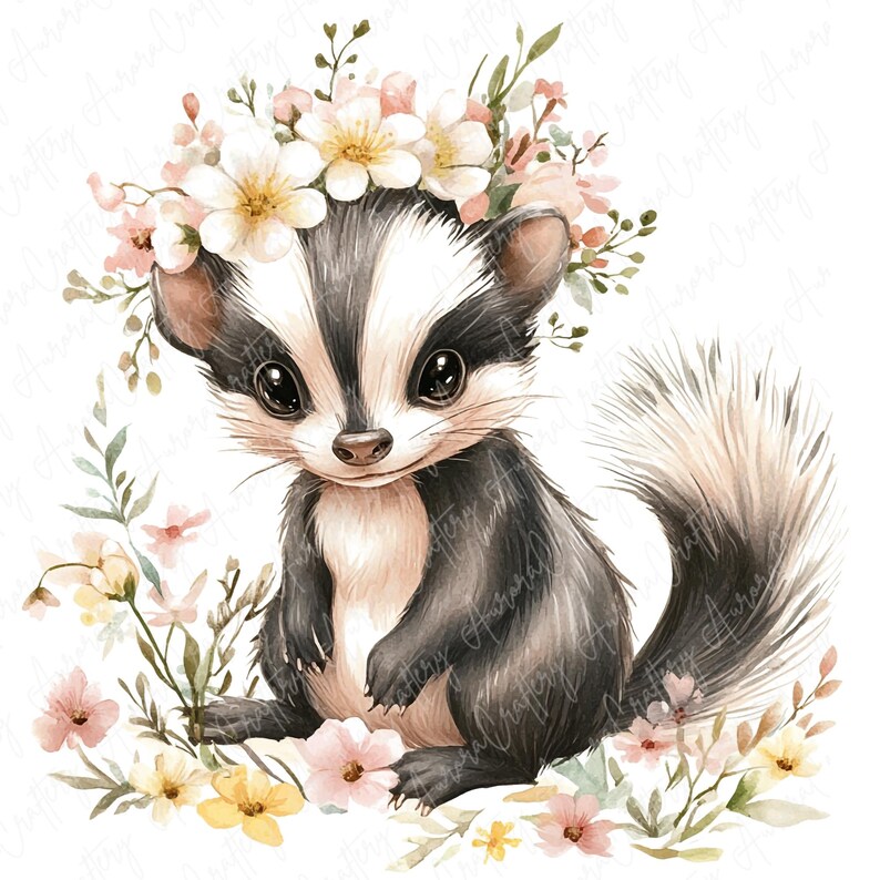 14 Watercolor Skunk Clipart, Floral Skunk Nursery Clipart, Woodland ...