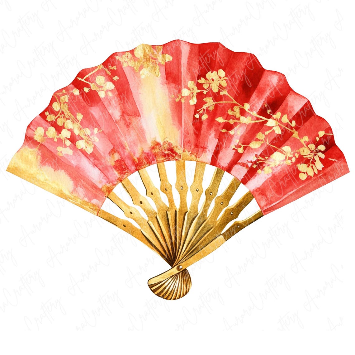 7 Golden Fan Clipart, Oriental Watercolor Fan, Chinese New Year Clipart ...